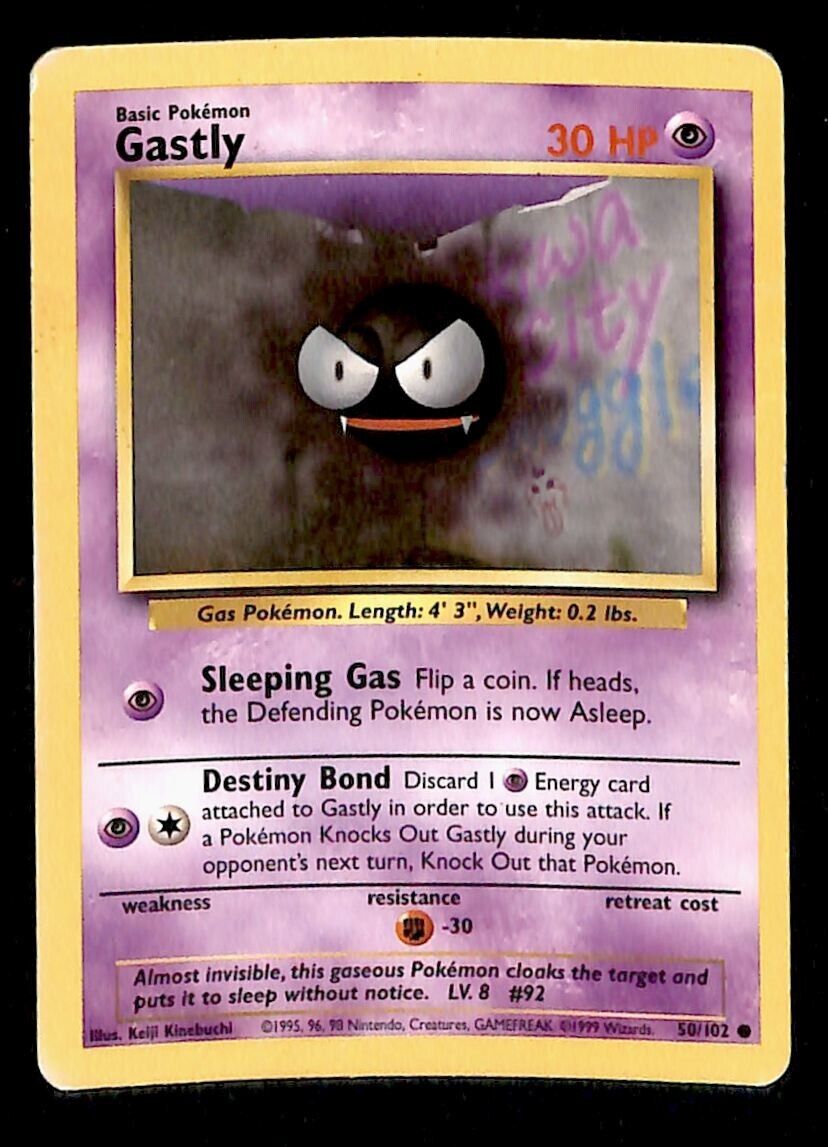 Gastly Base Set 1999 Unlimited Print VG, 50/102 Pokemon Card.