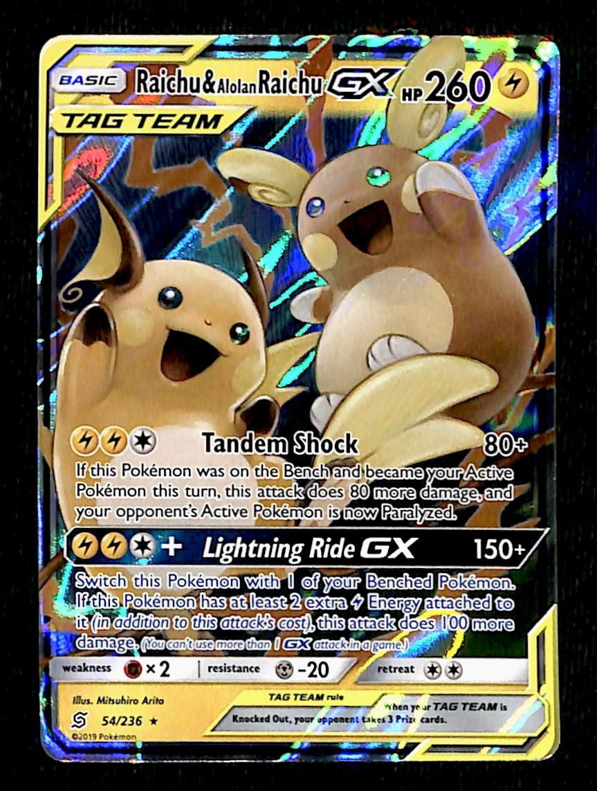 Raichu & Alolan Raichu GX Tag Team Unified Minds 54/236, NM Pokemon Ca